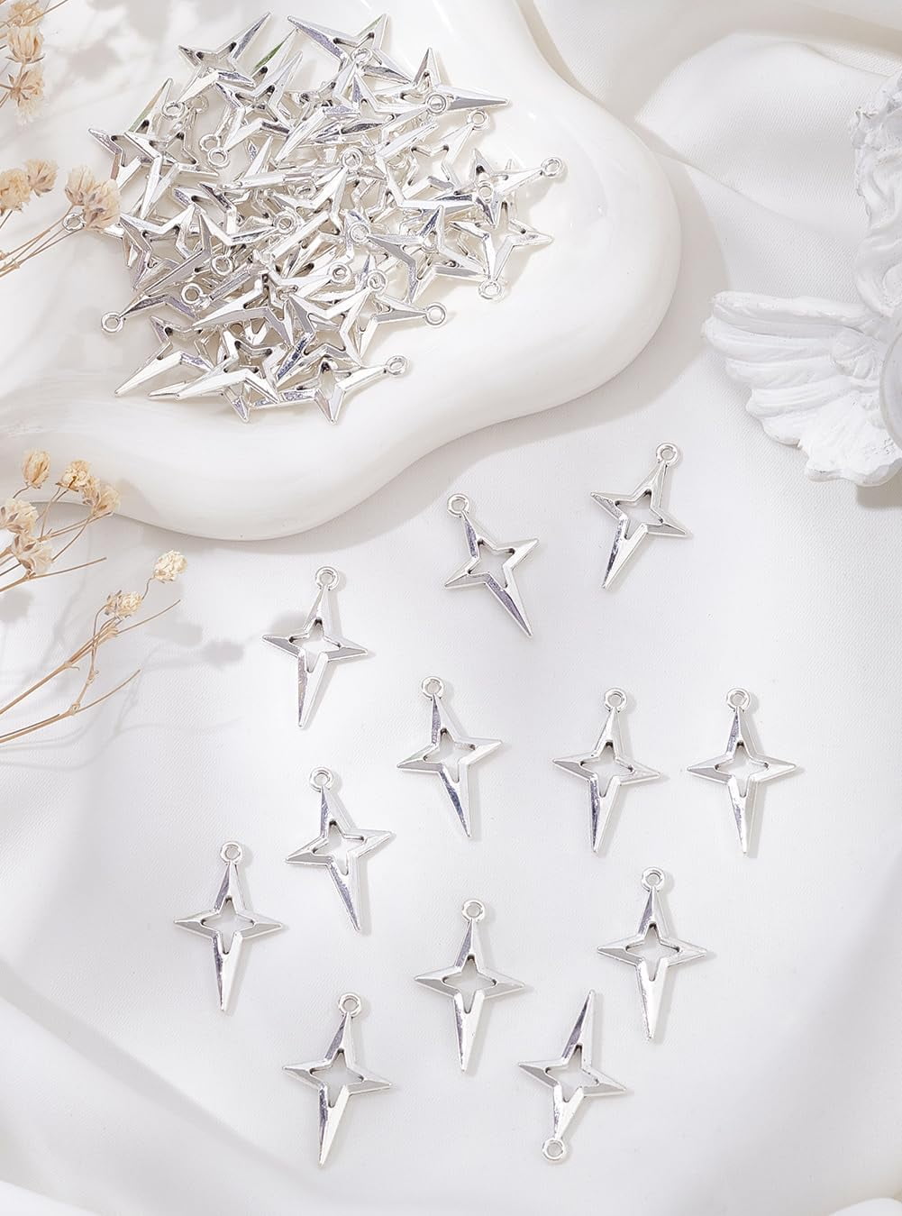 50 Pcs Hollow Star Charms Silver Four-Pointed Charms Trendy Star-shaped ...