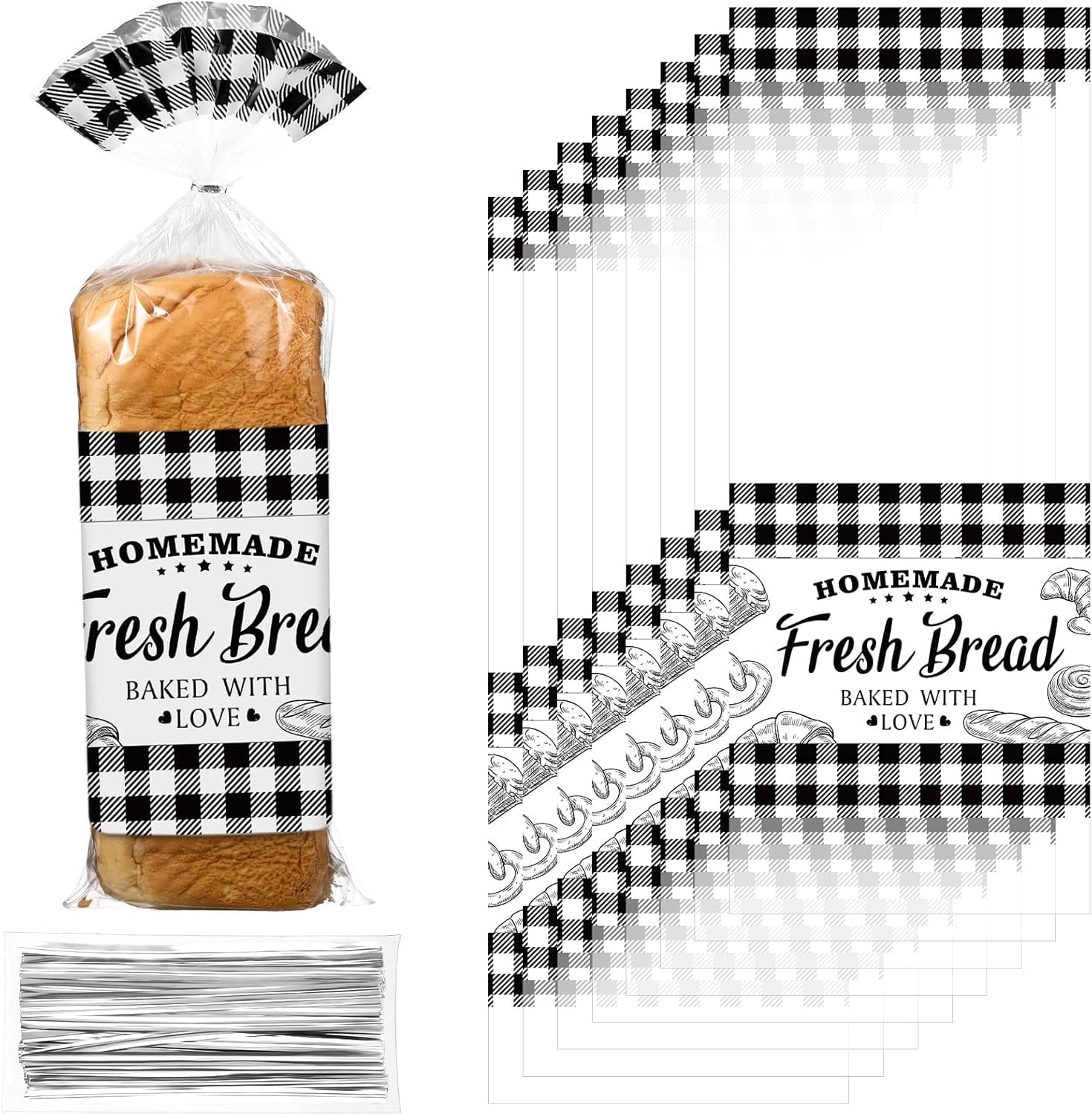 50 Pcs Homemade Bread Bags with Ties Black Buffalo Plaid Bread Loaf ...