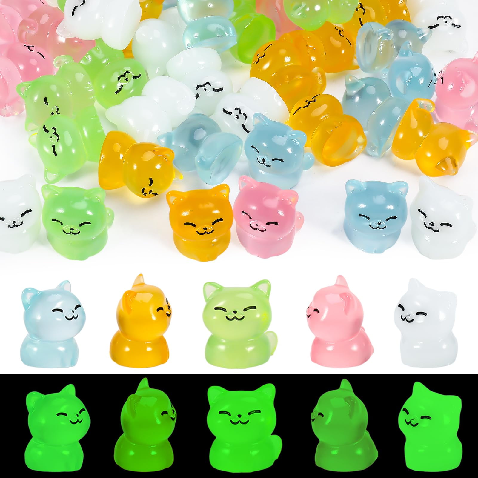 50 Pcs Luminous Miniature Cat Figurines Resin Cute Small Cat Figures ...