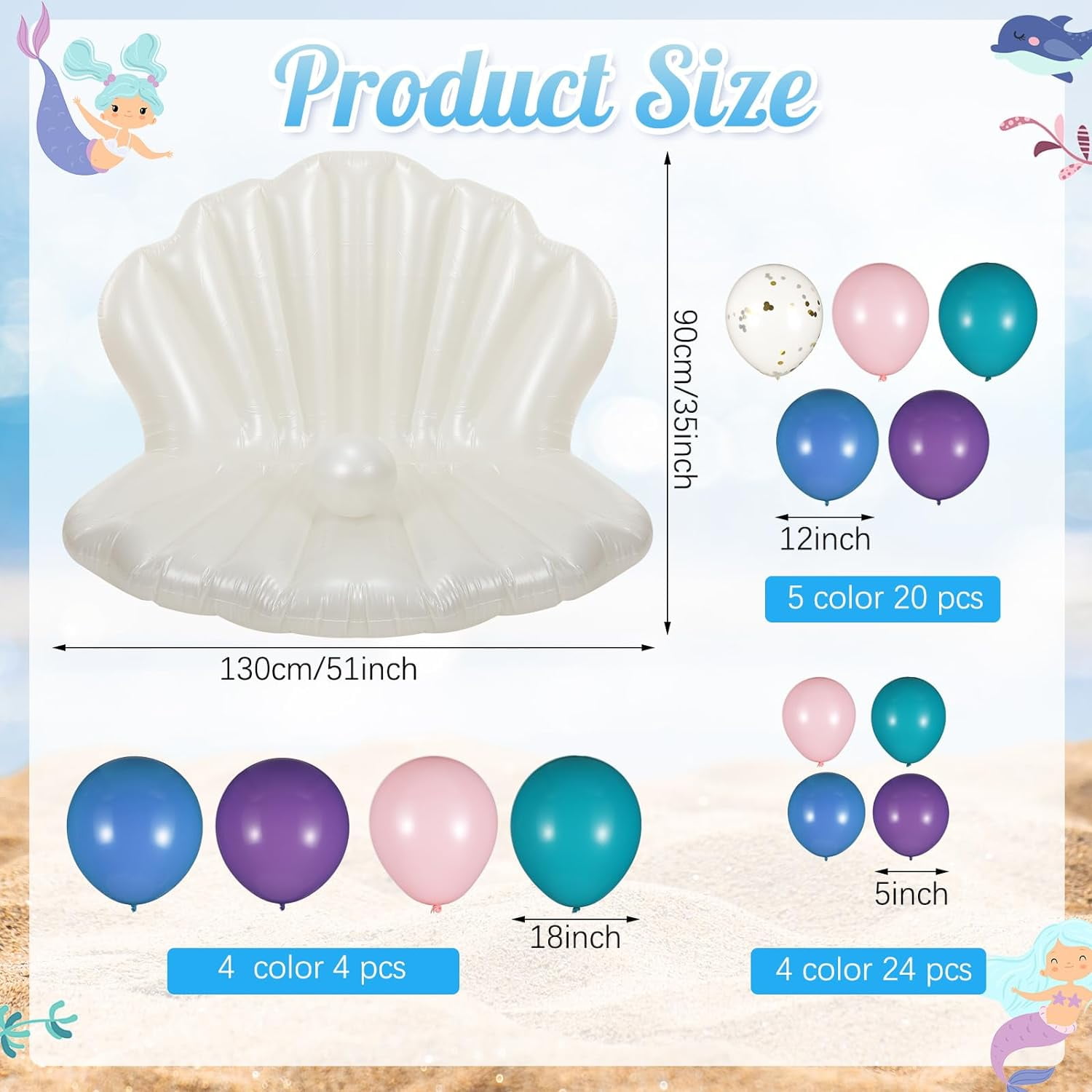 50 Pcs Mermaid Party Decorations, Include 1 Inflatable Seashell Pool ...