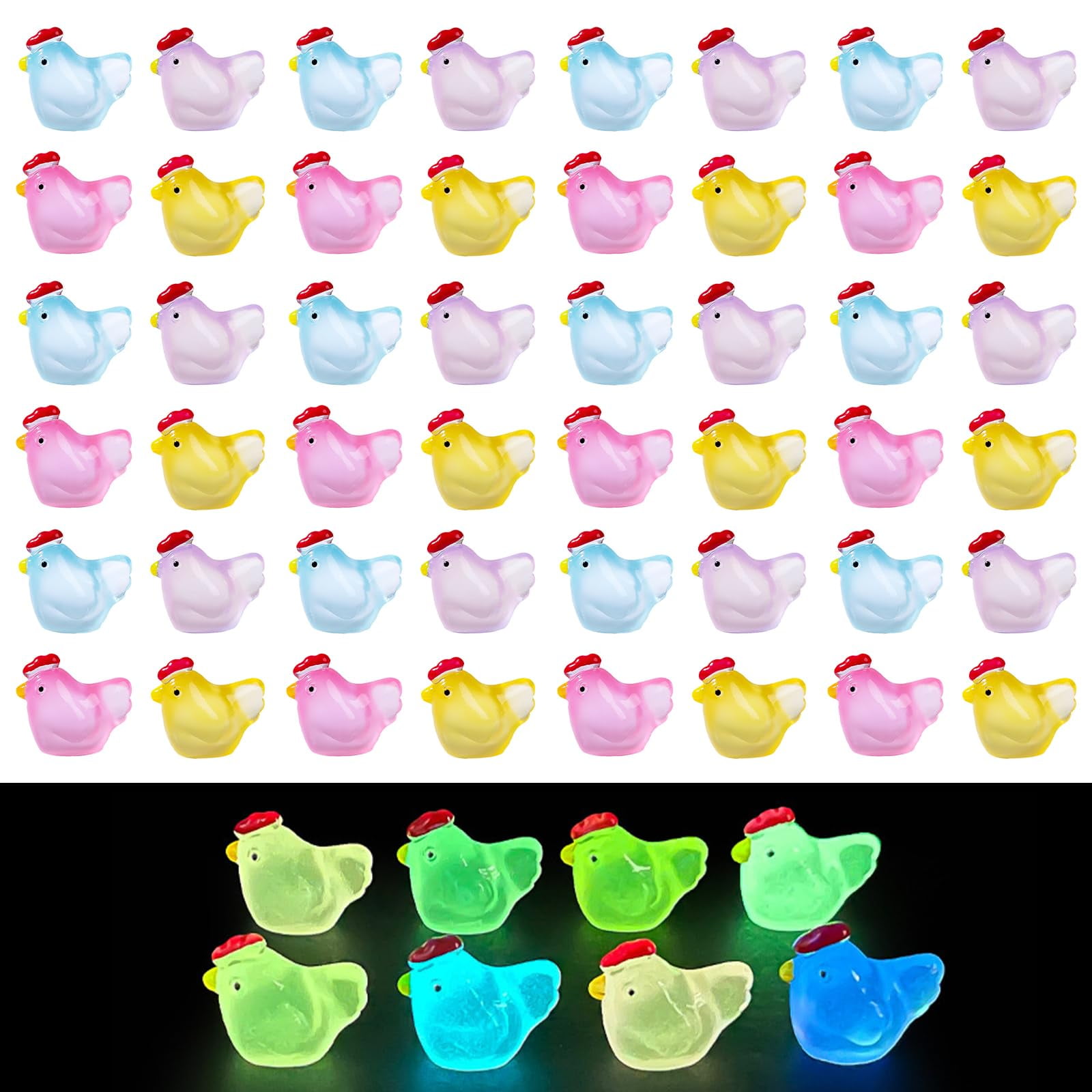50 Pcs Mini Resin Chicken, Luminous Miniature Chickens Figurines, Glow ...
