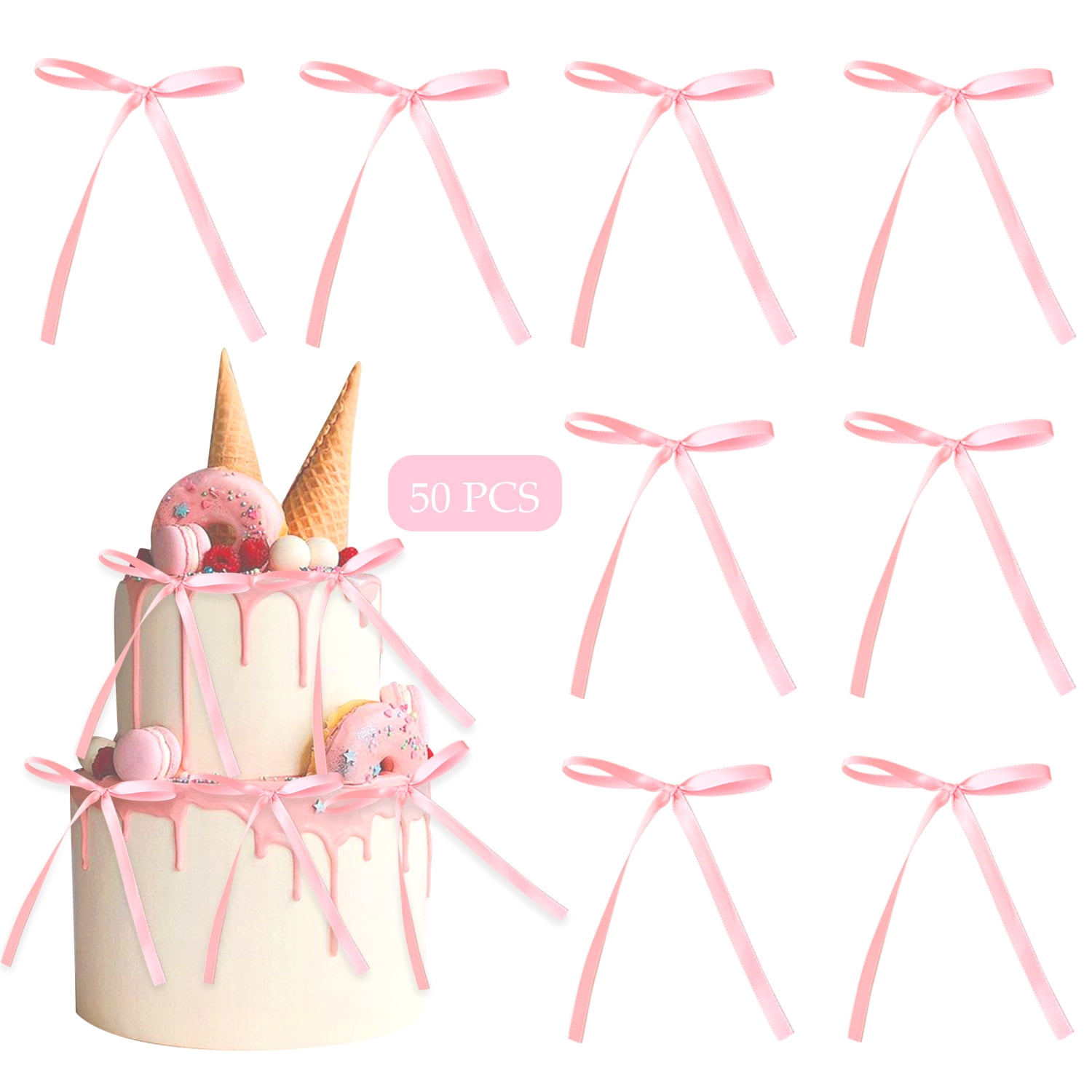 50 Pcs Pink Bow Cake Toppers, Bowknot Decorations for Cakes Gifts Bags ...