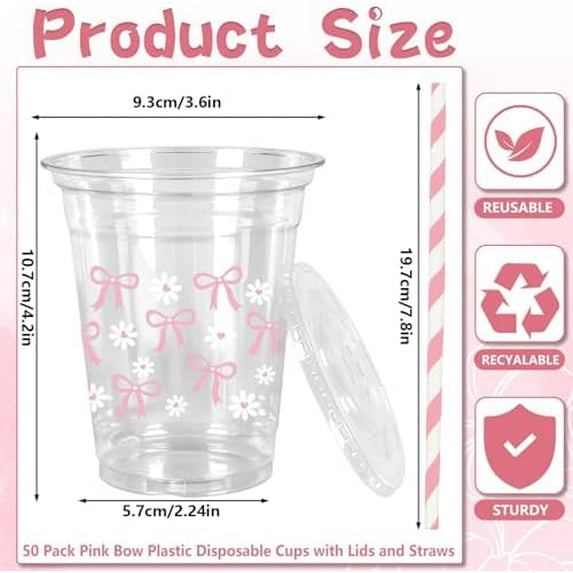 50 Pcs Pink Bow Plastic Cups with Lids and Straws Pink Bow Daisy Clear ...
