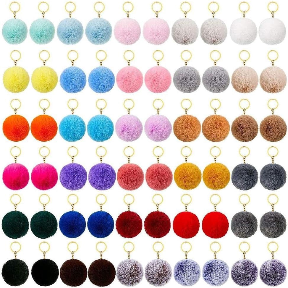 50 Pcs Pom Keyrings Soft Plush Charm Keyring Colorful Faux Keychain ...