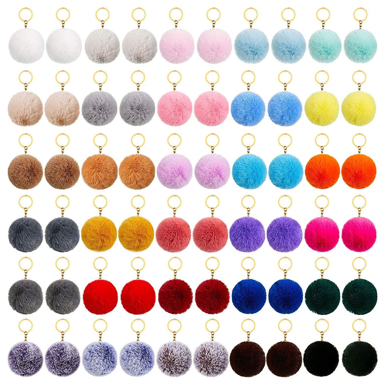 50 Pcs Pom Pom Fluffy Keyrings Soft Plush Charm Keyring Colorful Faux ...
