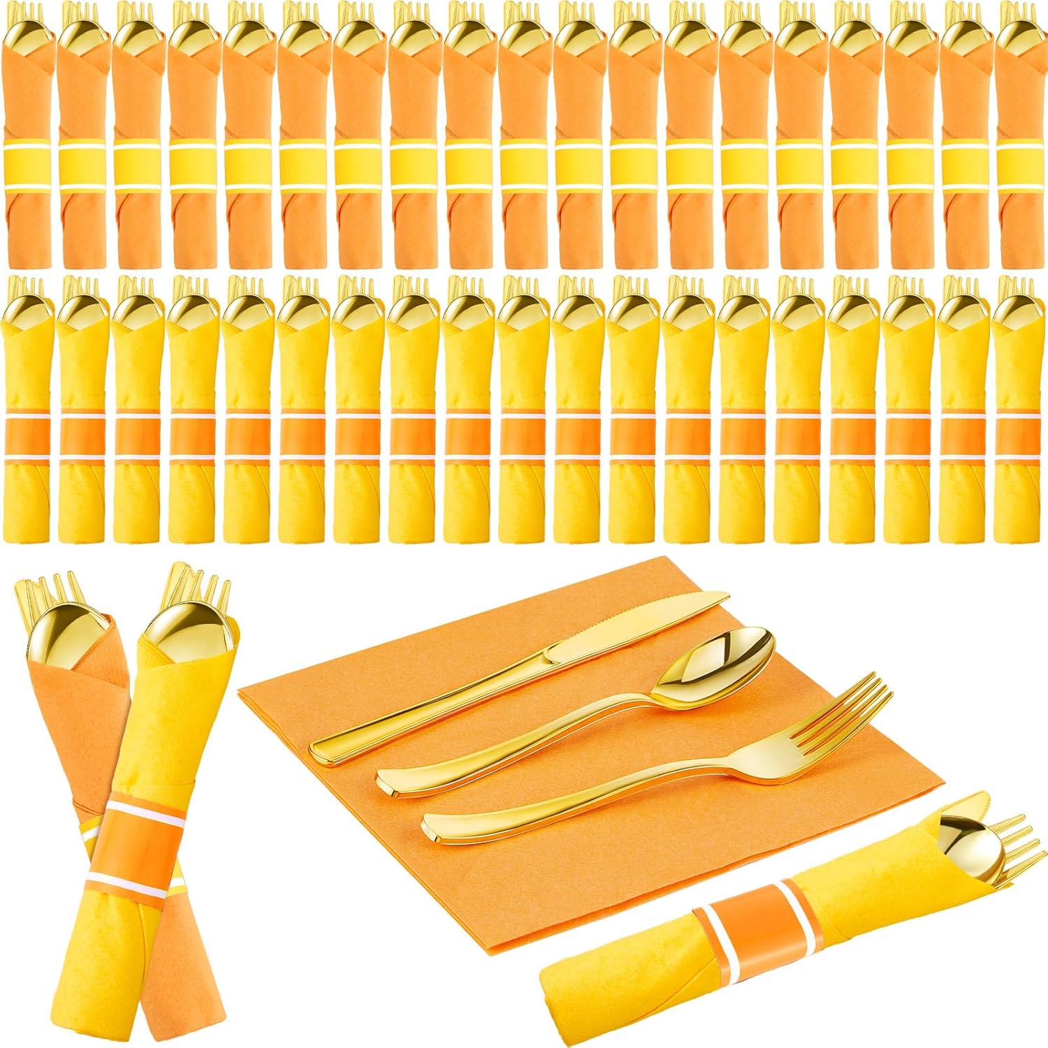 50 Pcs Pre-rolled Thanksgiving Plastic Silverware Kit Gold Single-Use ...