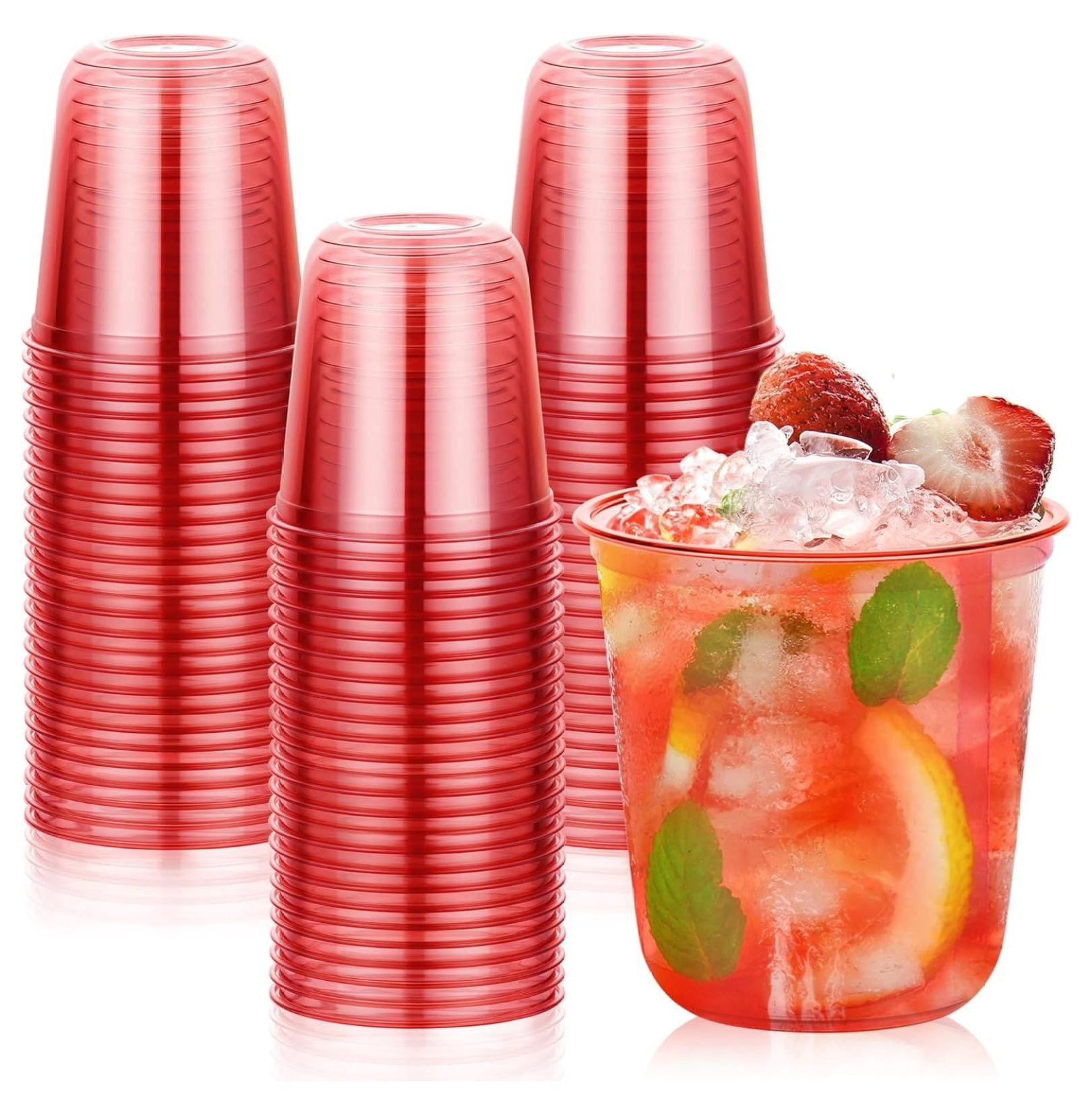 50 Pcs Red Clear Plastic Cups for Party, 12 oz Disposable Stemless Wine ...