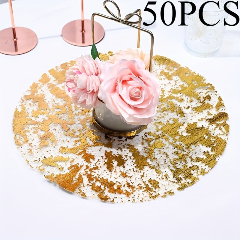 50 Pcs Round Gold Foil Placemats Set 13 Inch Disposable Metallic Mesh ...
