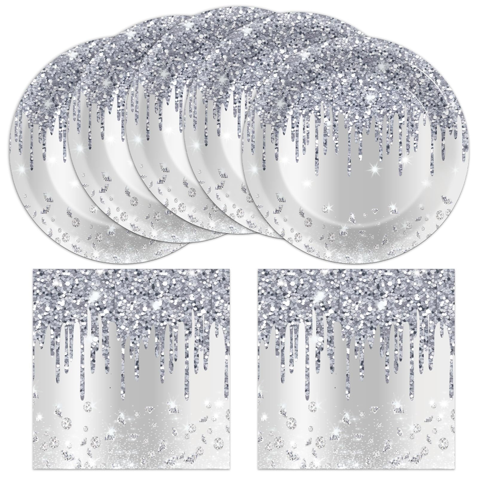 50 Pcs Silver Glitter Disposable Party KKS1 Plates and Glitter Diamonds ...