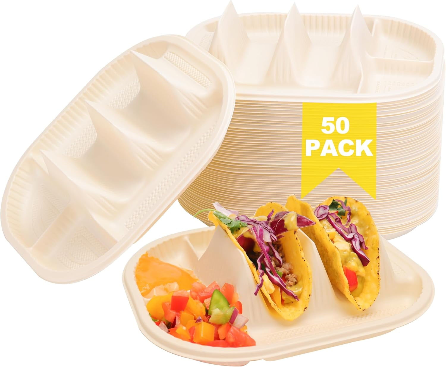 50 Pcs Small Disposable Taco Plates for Party, Cornstarch Taco Holders ...