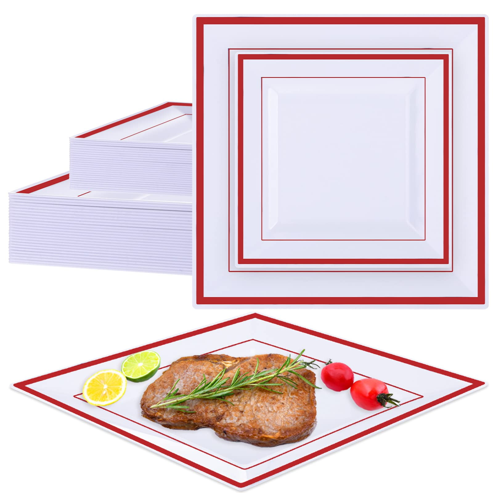 50 Pcs Square Plastic Plates White AFN1Disposable Dinnerware Set 25 ...