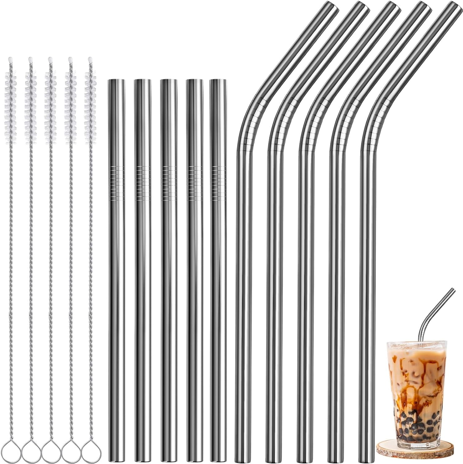 50 Pcs Stainless Steel Boba Straws 0.4" Extra Wide Reusable Straws Set ...