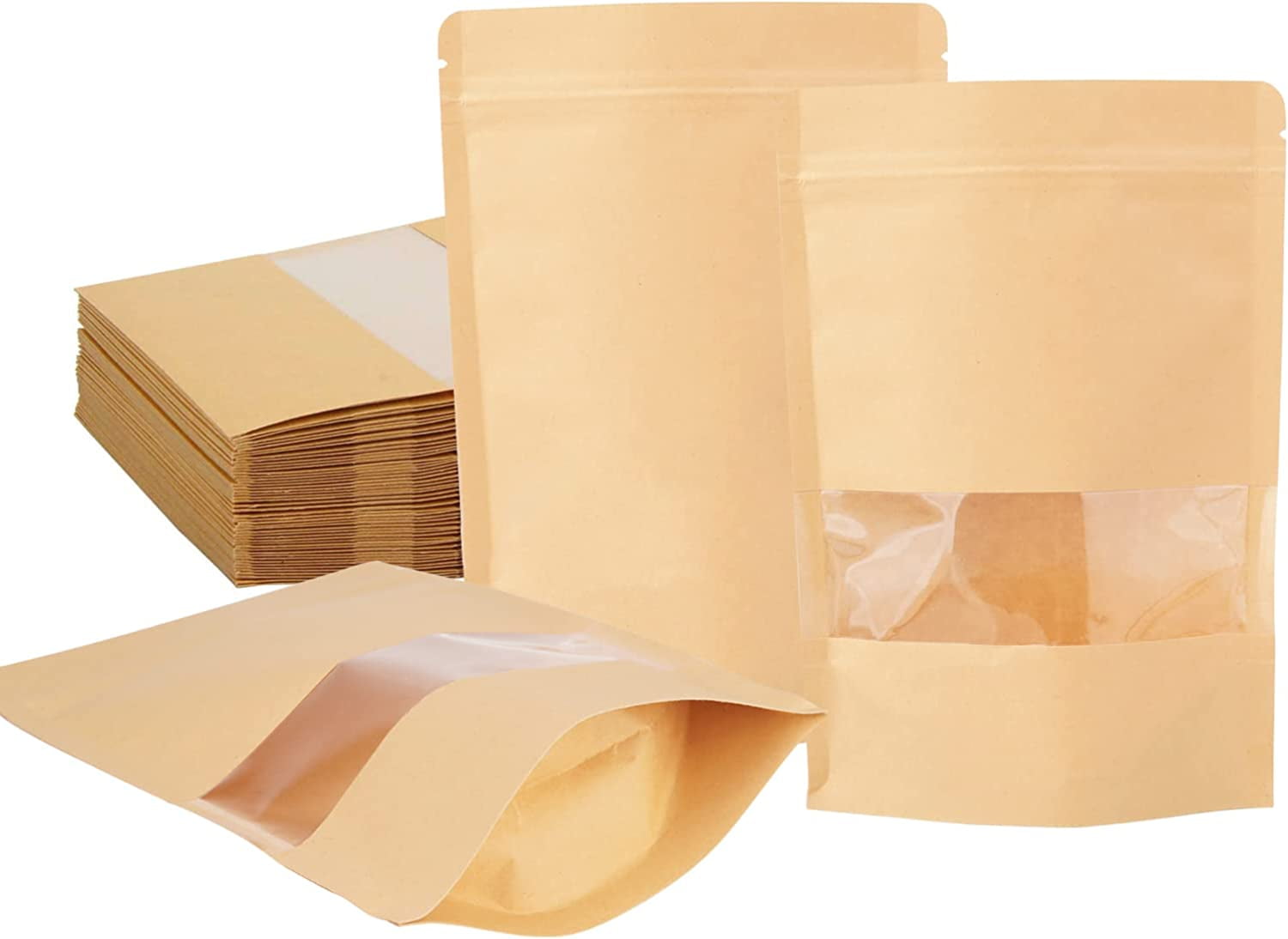 50 Pcs Stand Up Kraft Paper Bags with Window, Resealable Zip Lock Food ...