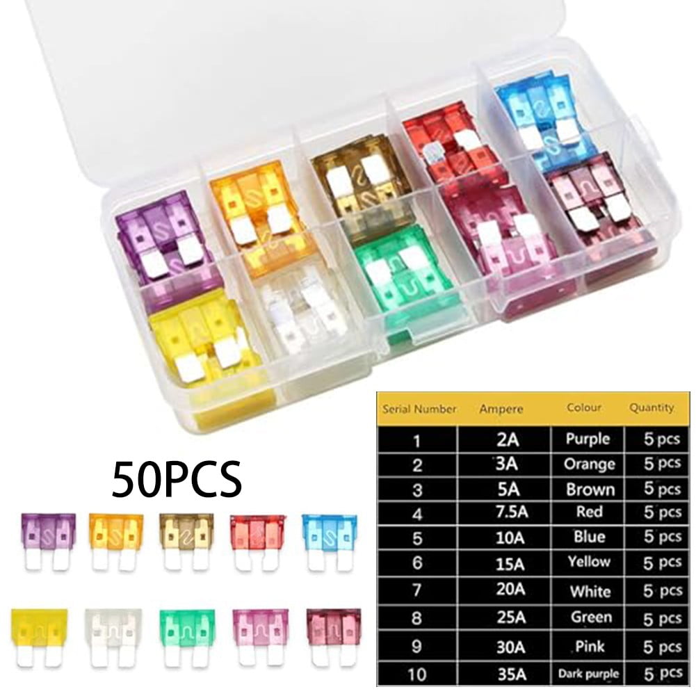 50 Pcs Standard Car Fuses Assortment Kit 2A 3A 5A 7.5A 10A 15A 20A 25A ...