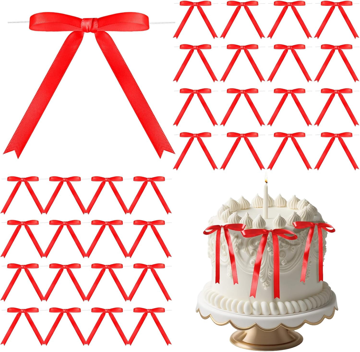50 Pcs Twist Tie Bows for Cake 3x4.5 Inch Satin Ribbon Bows for Gift ...