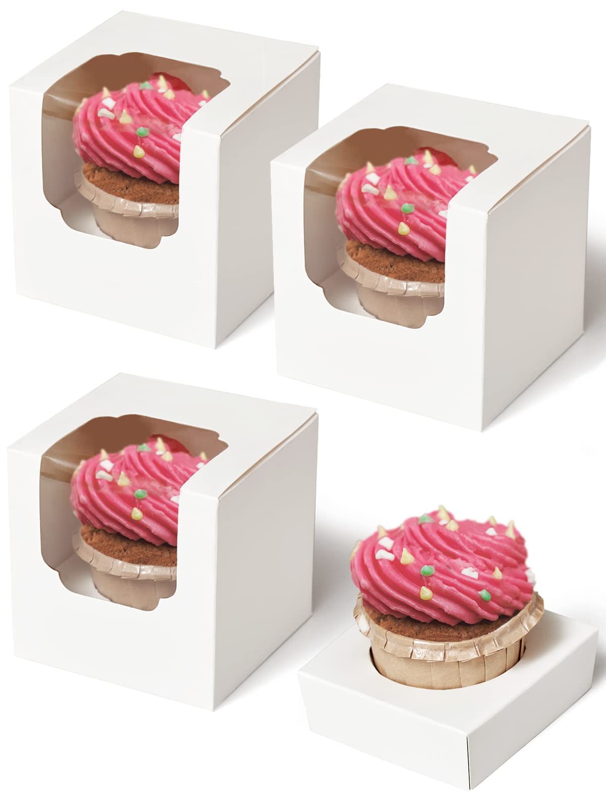 50 Pcs White Cupcake Boxes with Insert, Single Window Container for ...