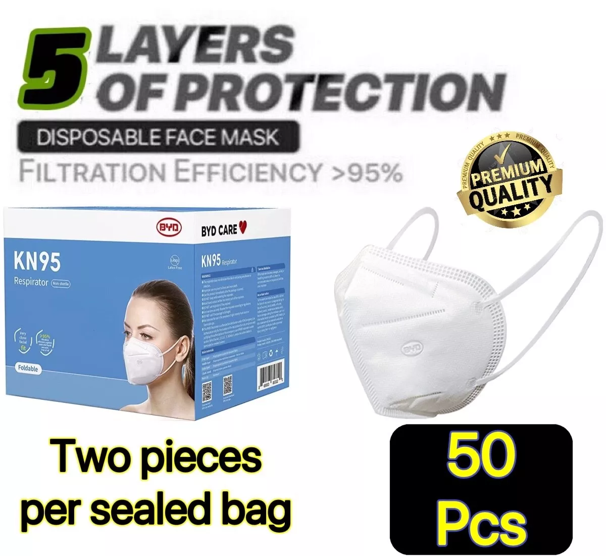 50 Pcs White Kn95 Protective 5 Layer Face Mask Bfe 95% Disposable Byd ...