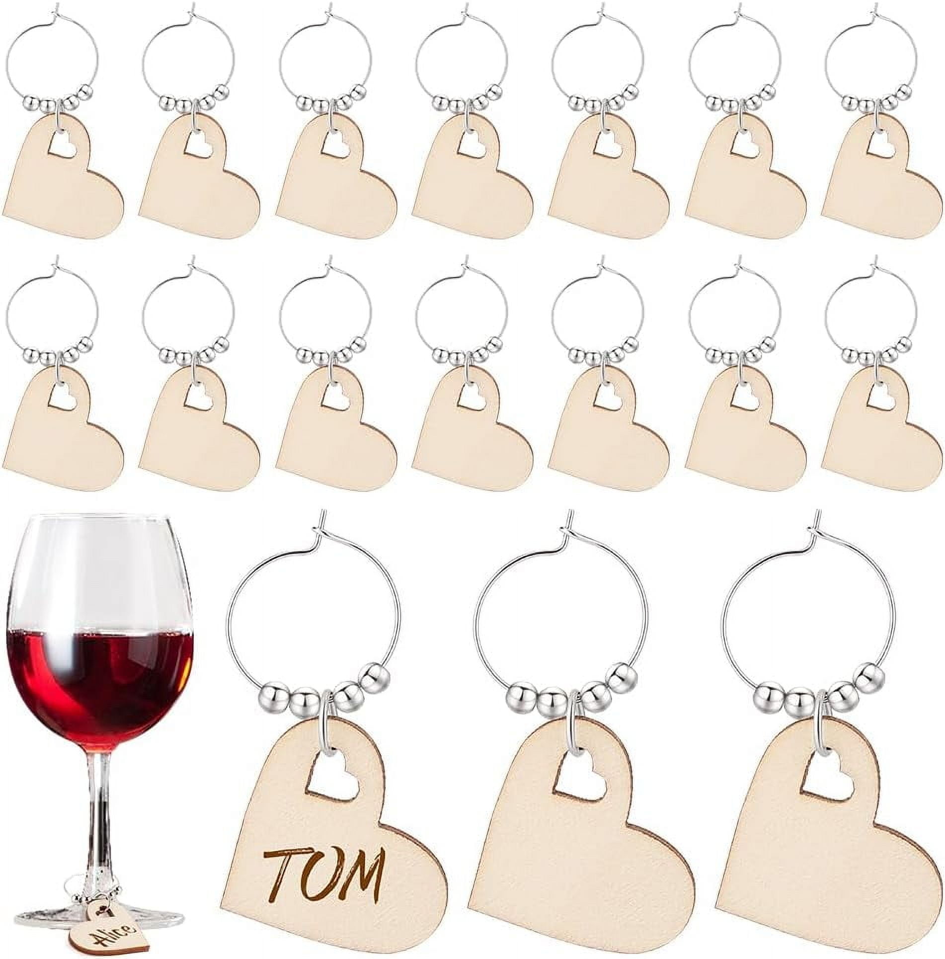 50 Pcs Wine Glass Charms Wood Heart Drink Markers Glass Ring with Brass ...