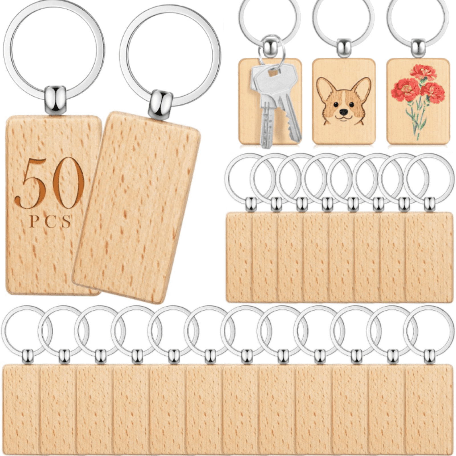50 Pcs Wooden Keychain Blanks Wood Key Chains Bulk Laser Engraving ...