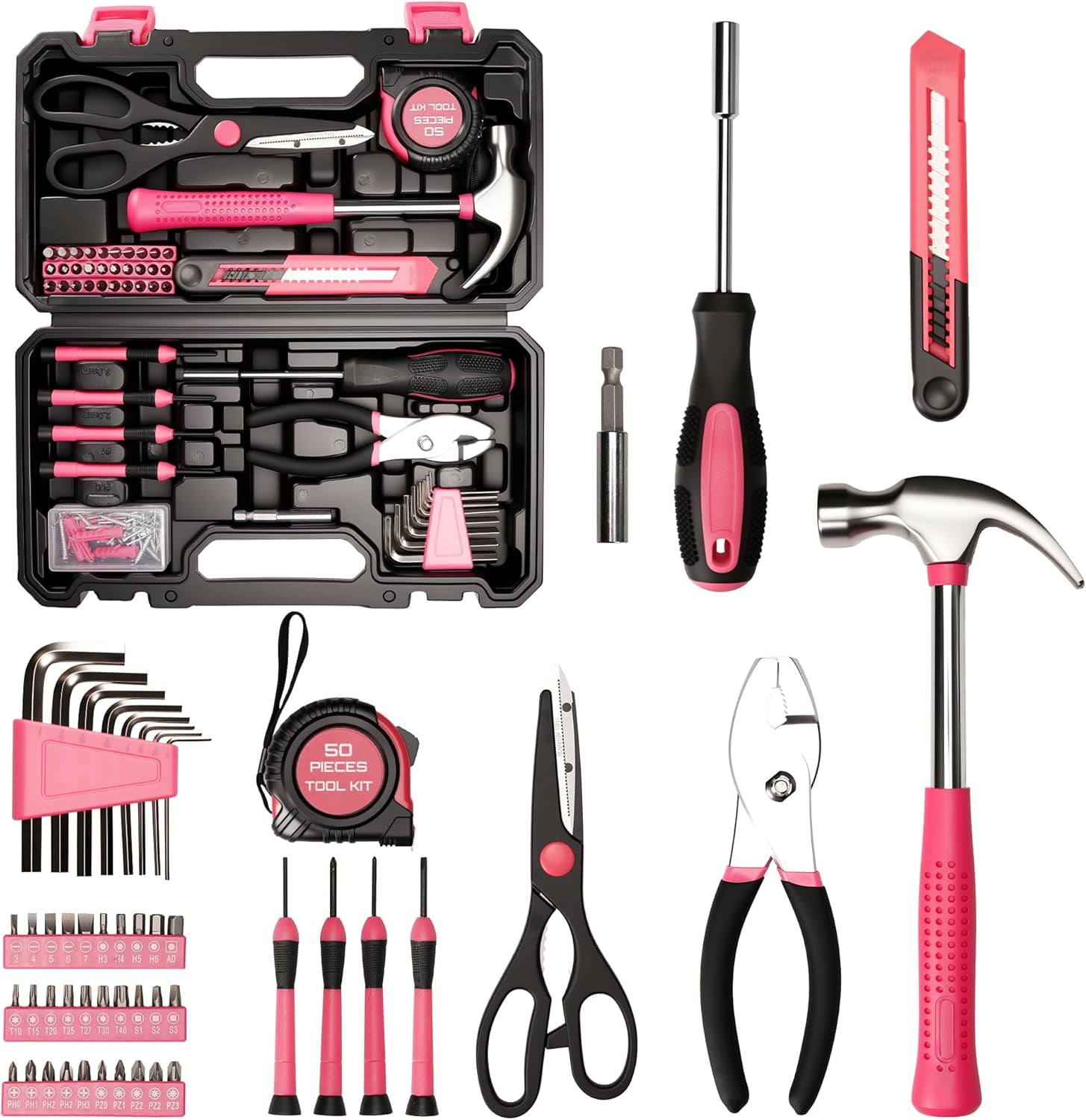 50-Piece Pink Tool Set for Women, Household Small with Storage Toolbox ...