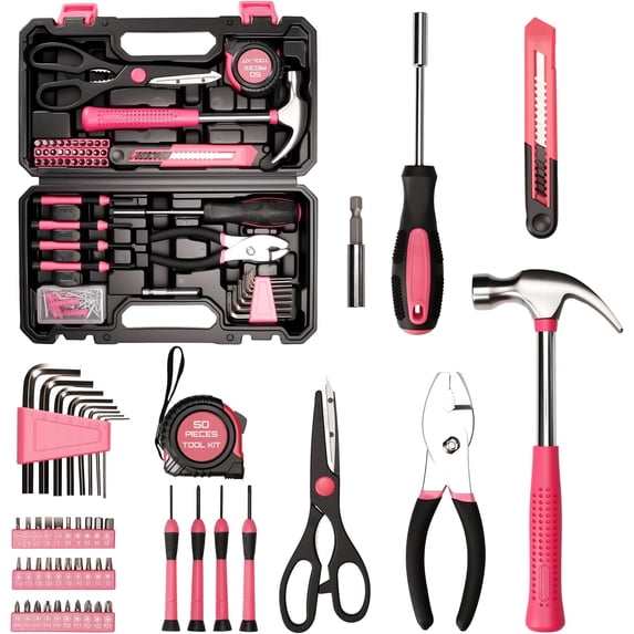 50-Piece Pink Tool Set for Women, Household Small with Storage Toolbox ...