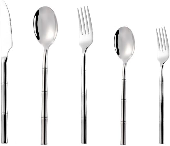 50 Pieces Bamboo Handle Flatware Set 304 Stainless Steel Cutlery Set ...