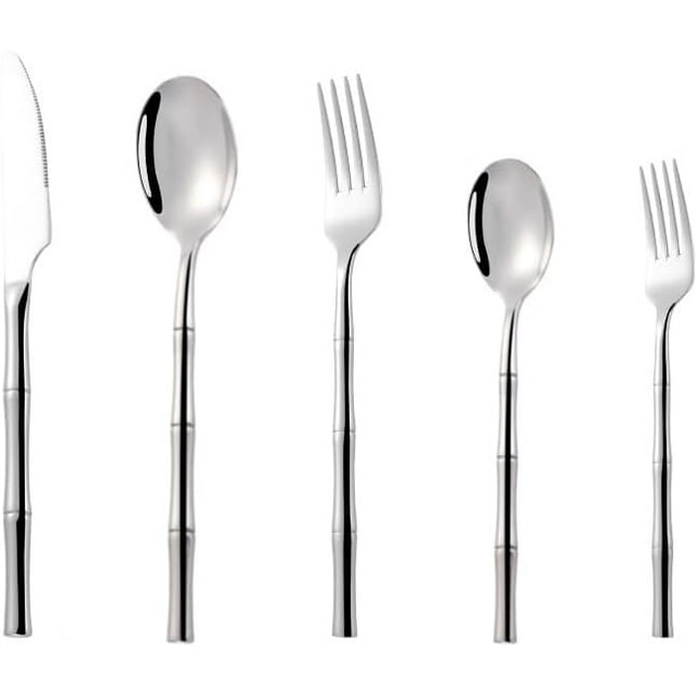 50 Pieces Bamboo Handle Flatware Set 304 Stainless Steel Cutlery Set ...