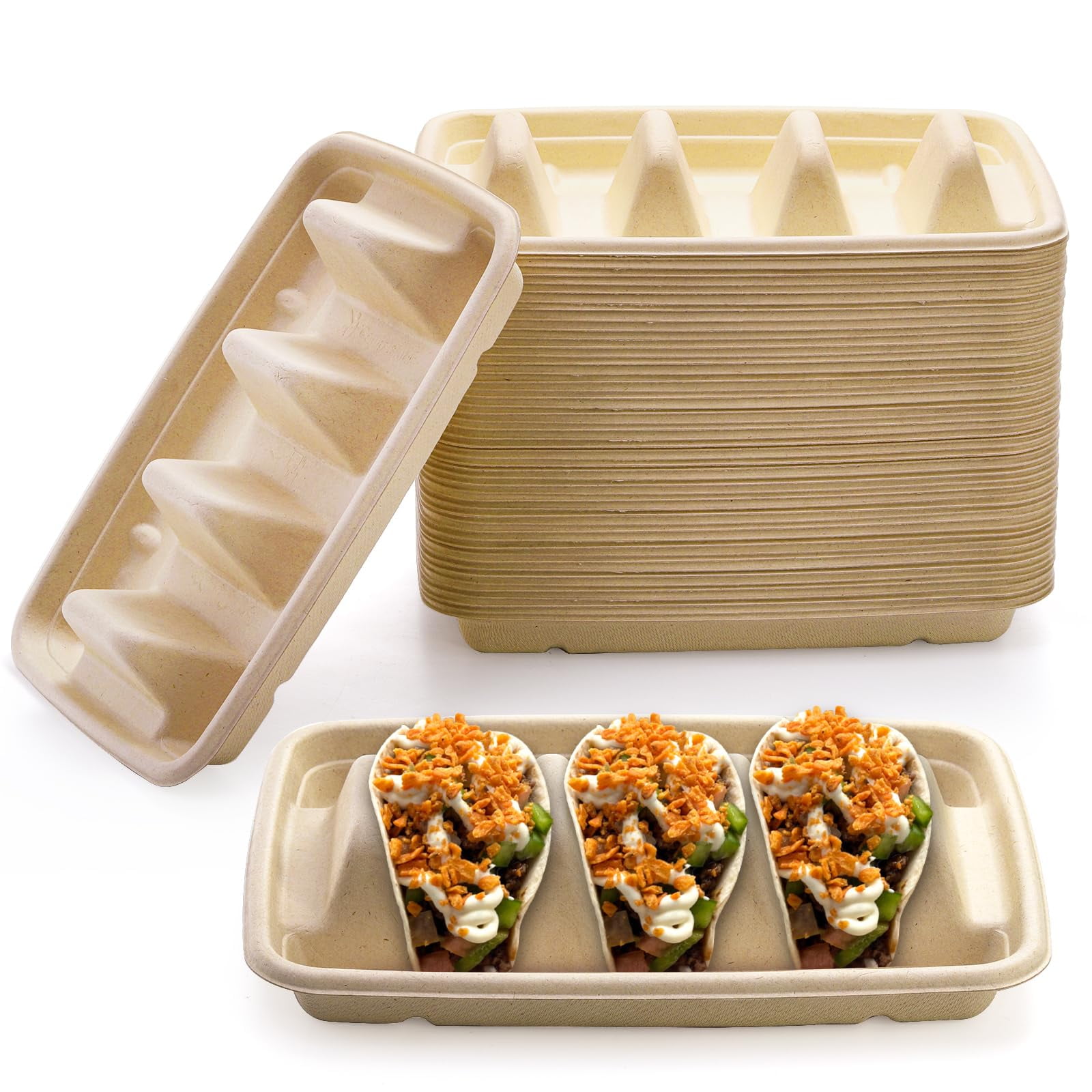 50 Pieces Biodegradable Disposable Taco Holder, 3 Compartments Paper ...