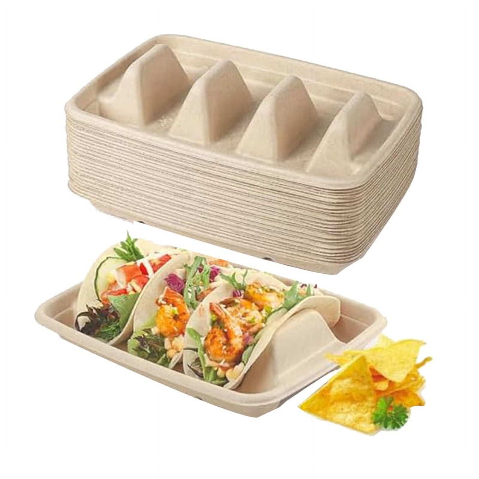 50 Pieces Biodegradable Disposable Taco Holder, 3 Compartments Paper ...