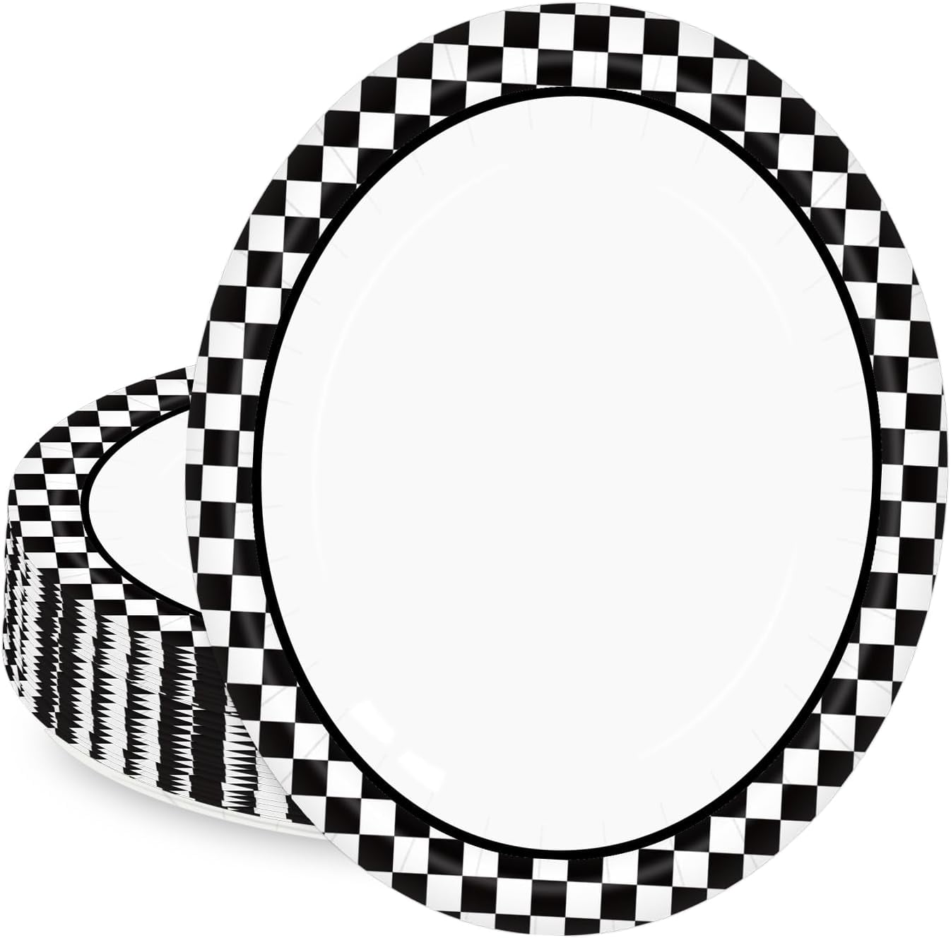 50 Pieces Checkered Flag Oval Paper Plates 10 X 12 Inch Black and White ...