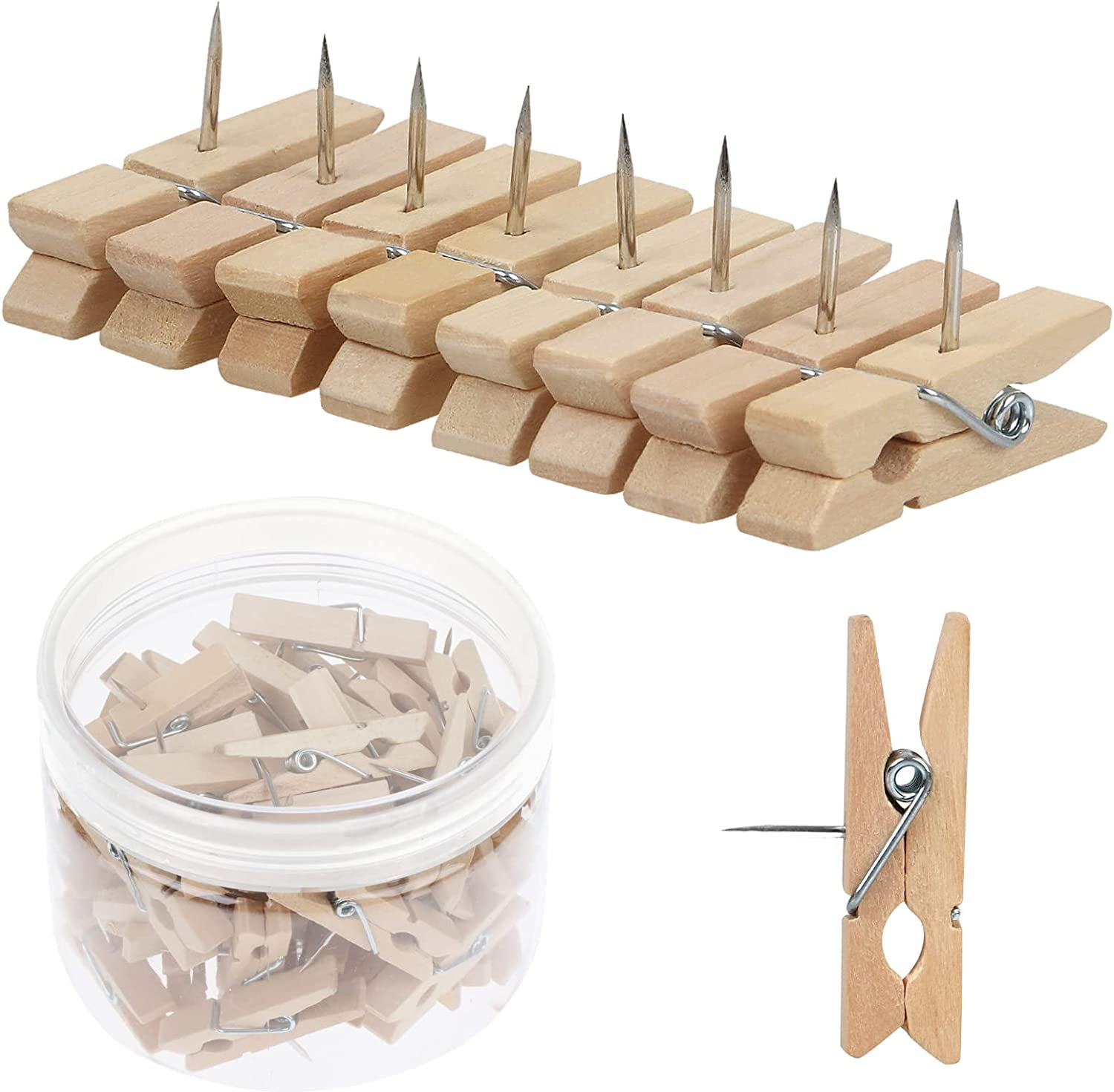 50 Pieces Durable Push Pins Clips, Happon Push Pin with Wooden Clips ...