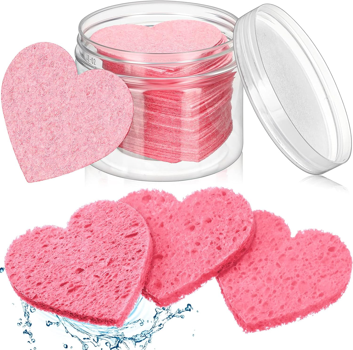 50 Pieces Facial Sponges with Container, Heart Shape Compressed Face ...