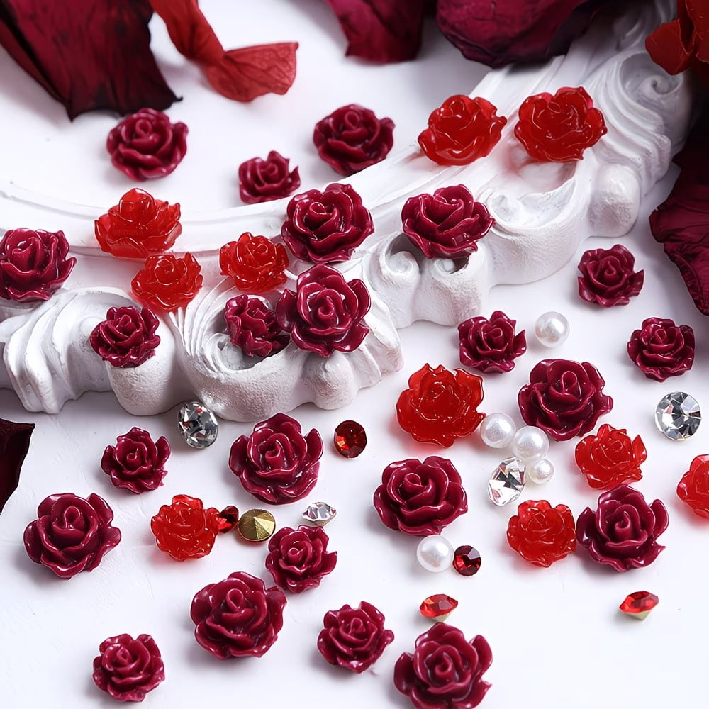 50 Pieces Luxurious Red Camellia Rose Nail Charms with Vintage ...