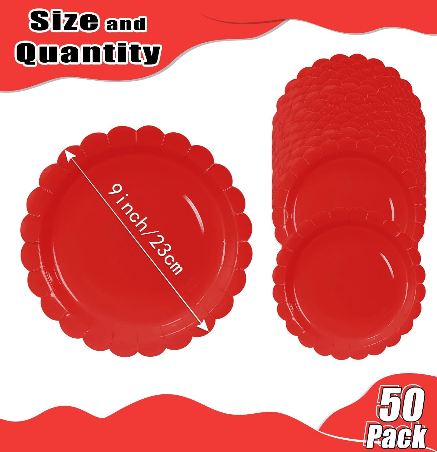 50 Pieces Red Paper Plates 9 Inch Red Scalloped Plates Disposable ...