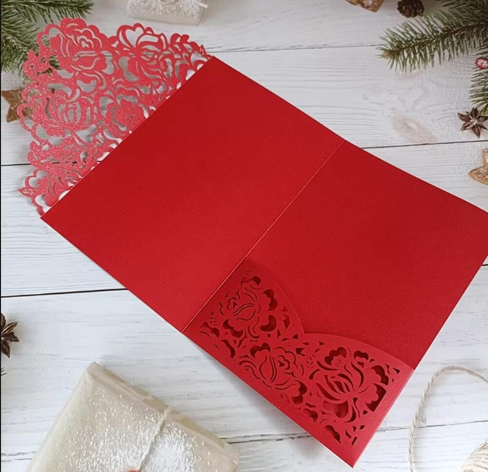 50 Pieces Red Shimmer Rose Floral Laser Cut Paper Invitation Card For ...