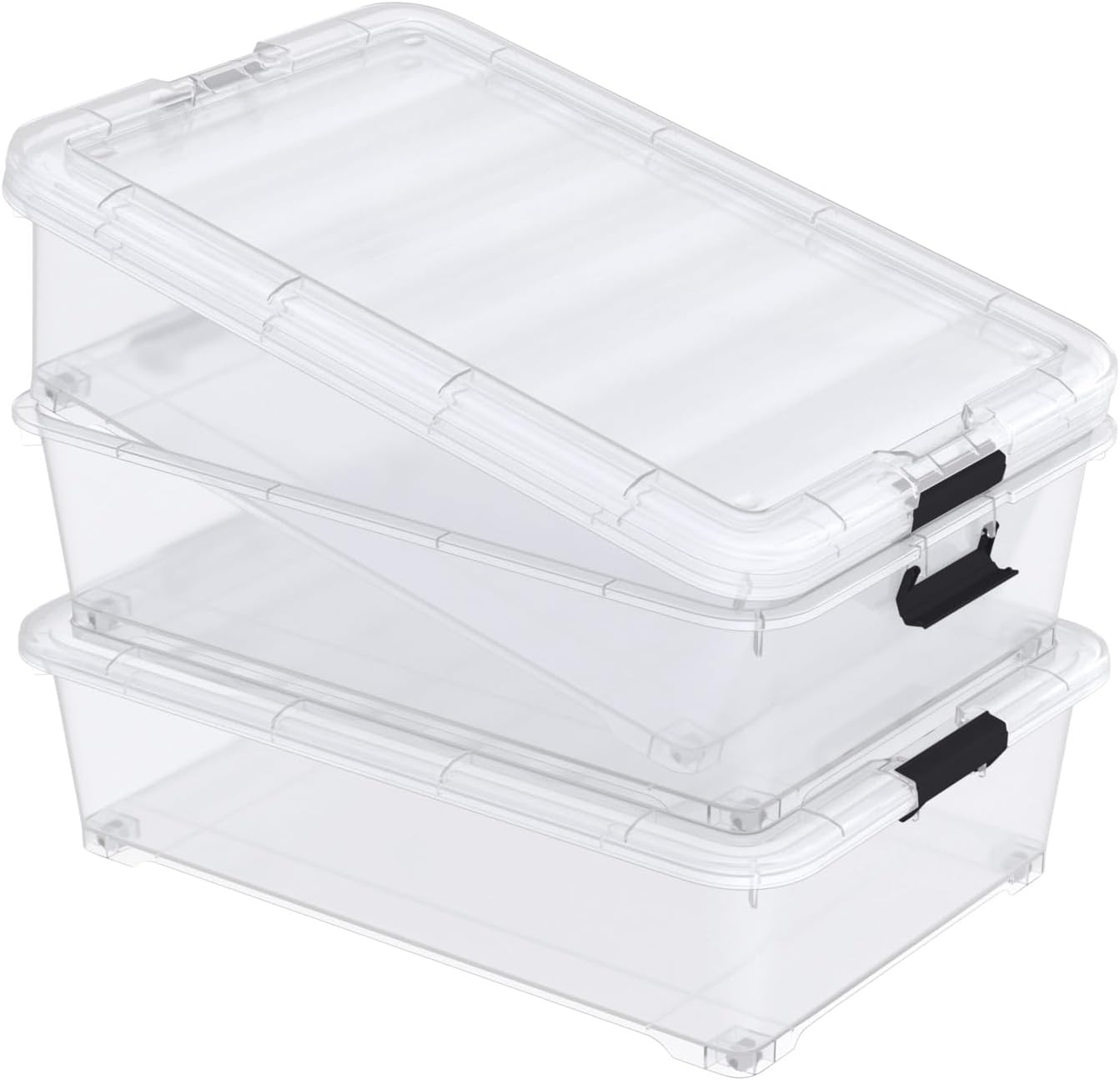 50 Quart Clear Flat Storage Box with Wheels, 3 Pack Plastic Under Bed ...