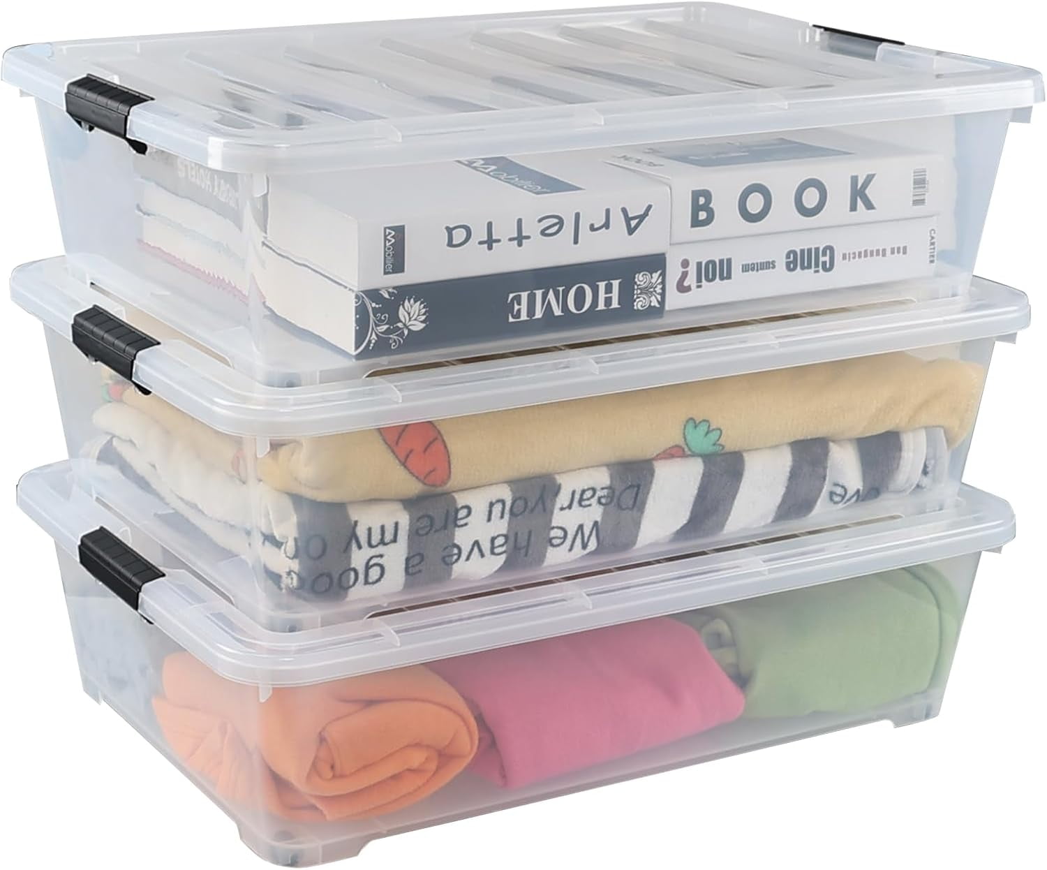 50 Quart Large Clear Underbed Boxes with Wheels, Stackable Plastic ...