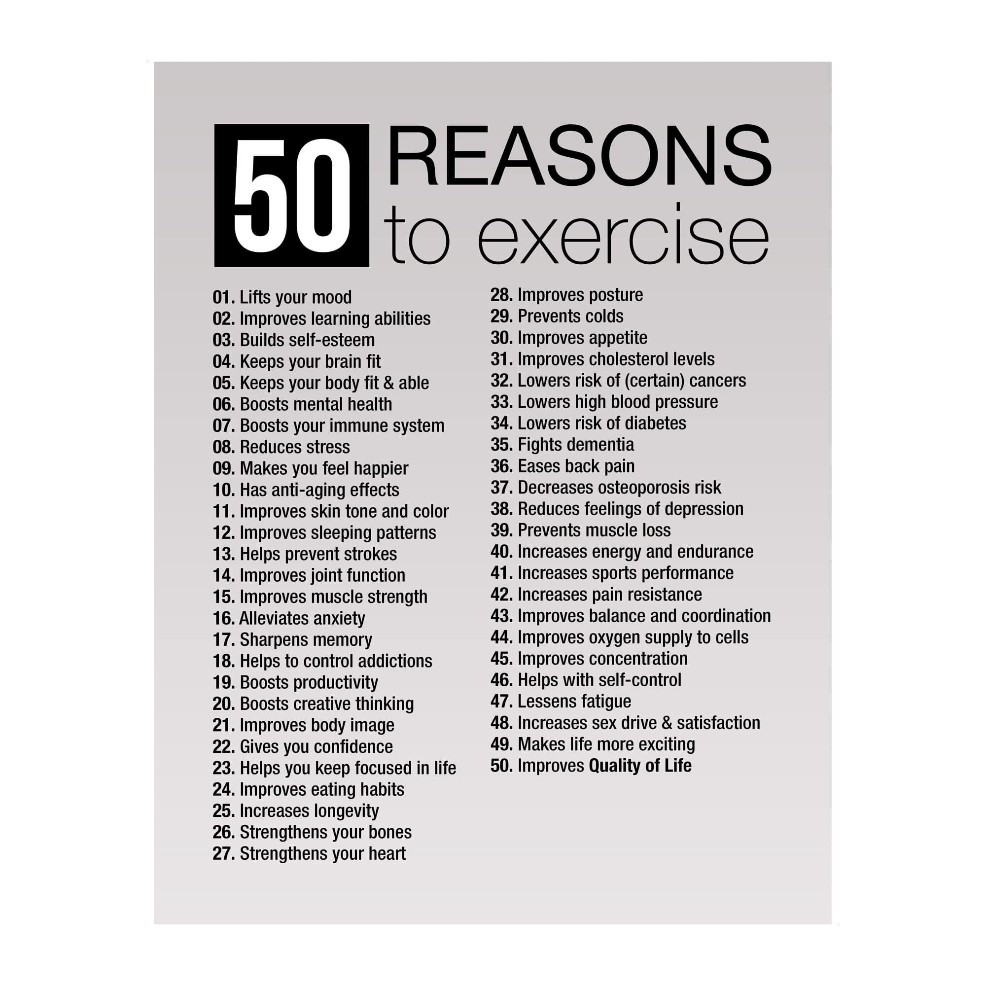 50 Reasons to Exercise - Motivational Wall Art Print with Inspirational ...