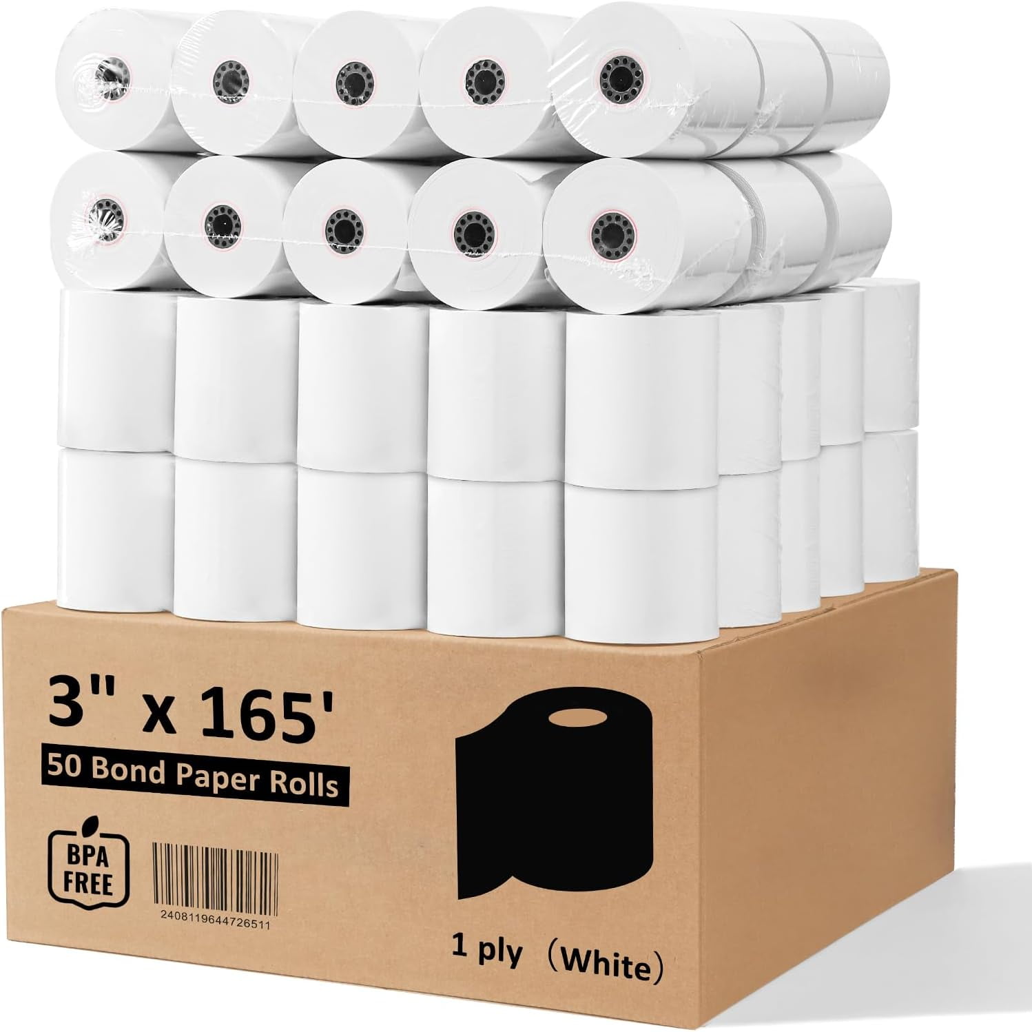 (50 Rolls) 3" x 165' 1 Ply Bond Non-Thermal Receipt Paper, BPA Free ...