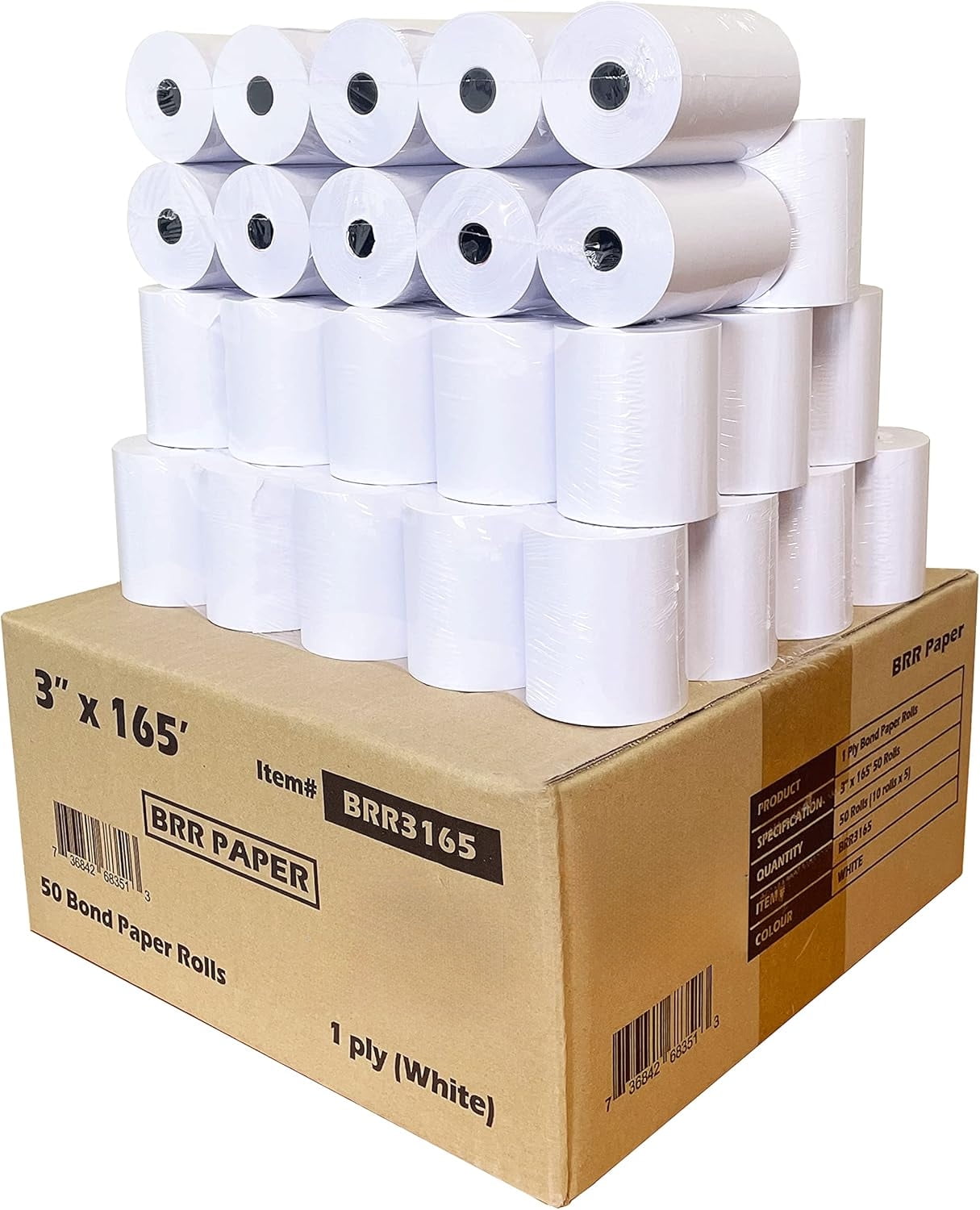 (50 Rolls) 3" x 165' 1-Ply Bond Receipt Paper POS Cash Register Paper ...