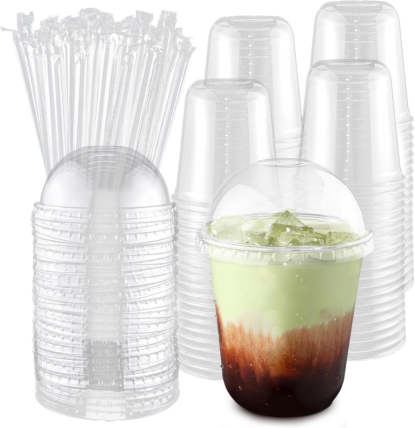 50 Set 12 oz Disposable Clear Plastic Cups with Dome Lids and Straws ...