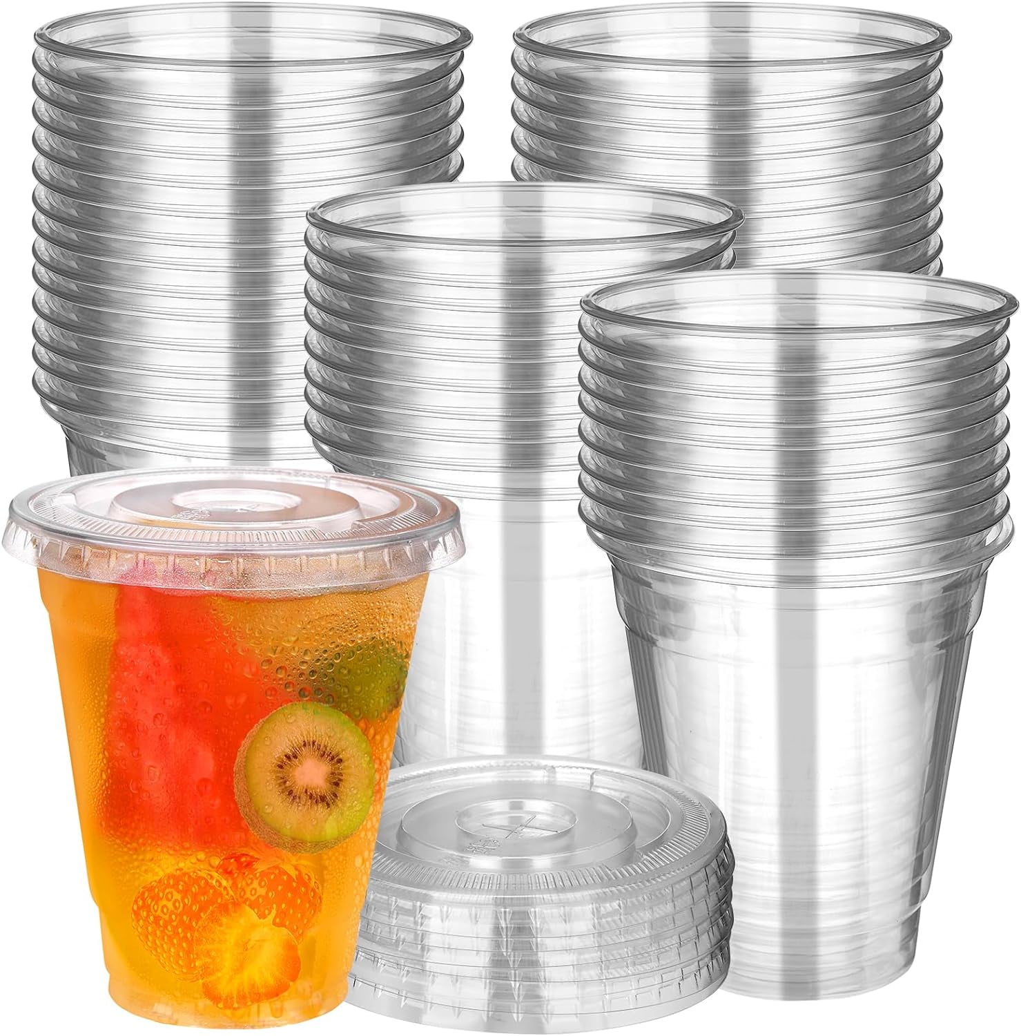 50 Set 12 oz Disposable Plastic Cups with Flat Lids, Clear Cold Drink ...