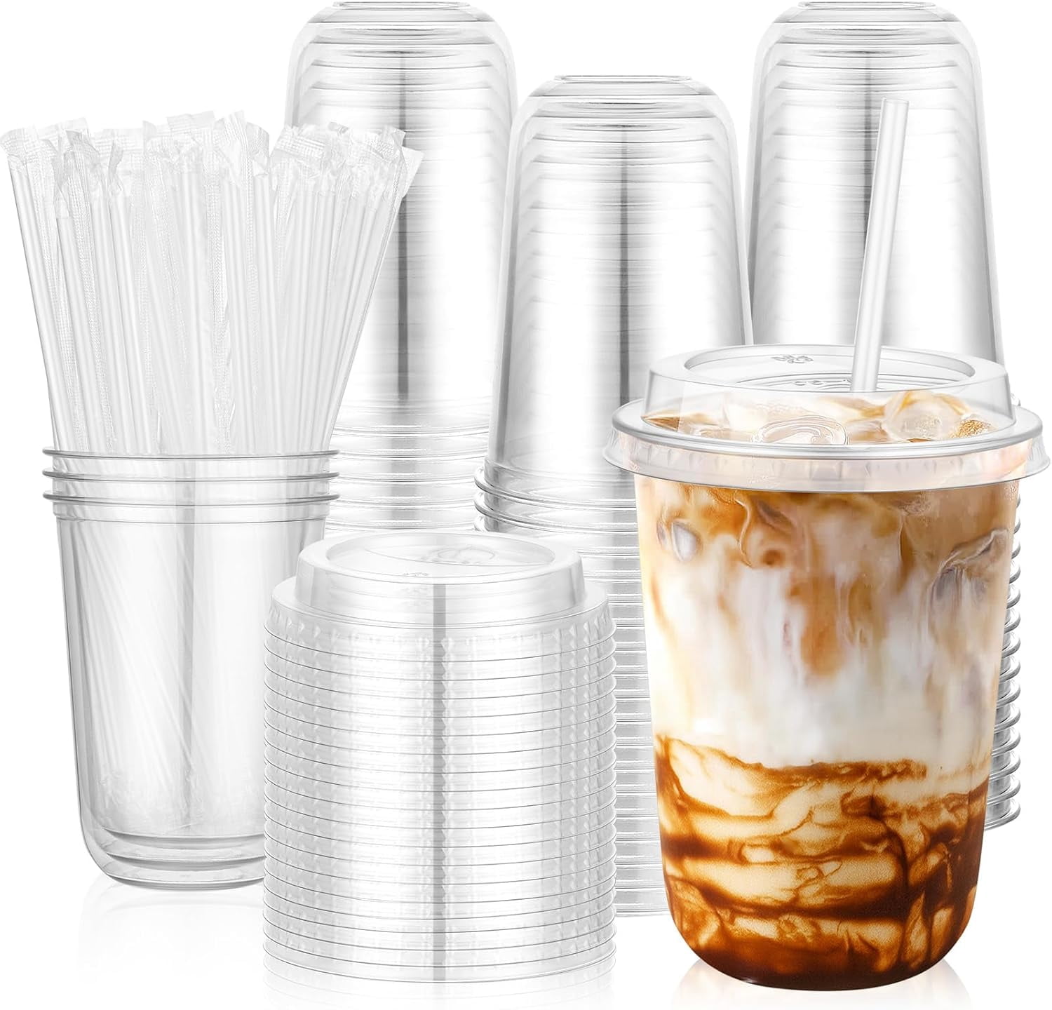 50 Set 16oz Clear Cups with & Straws, Disposable Round Bottom To Go ...