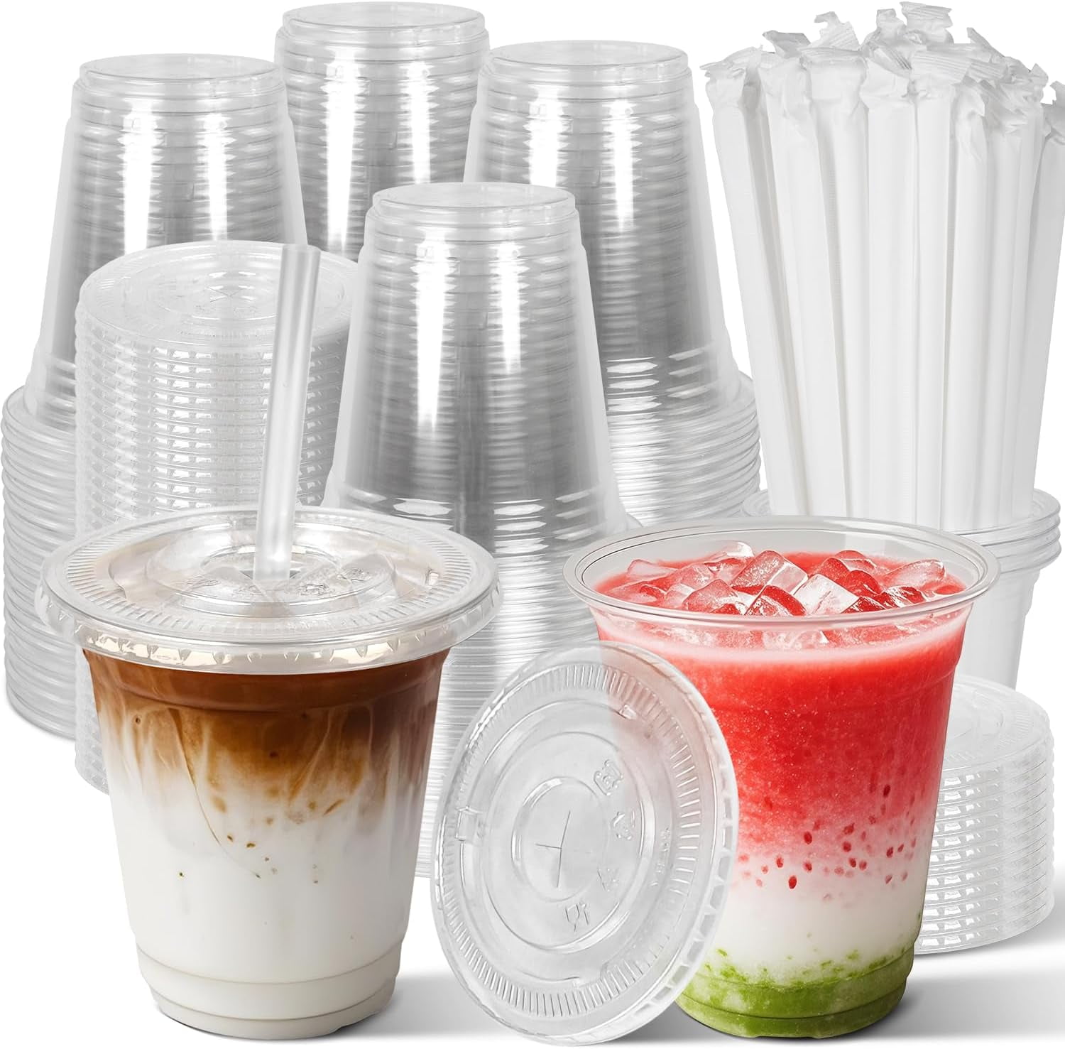 50 Sets- 12 oz Clear Plastic Cups with Lids and Straws, Disposable To ...
