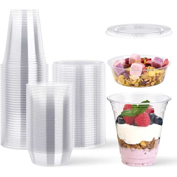 50 Sets 12 oz Clear Plastic Parfait Cups with Insert & Flat ...