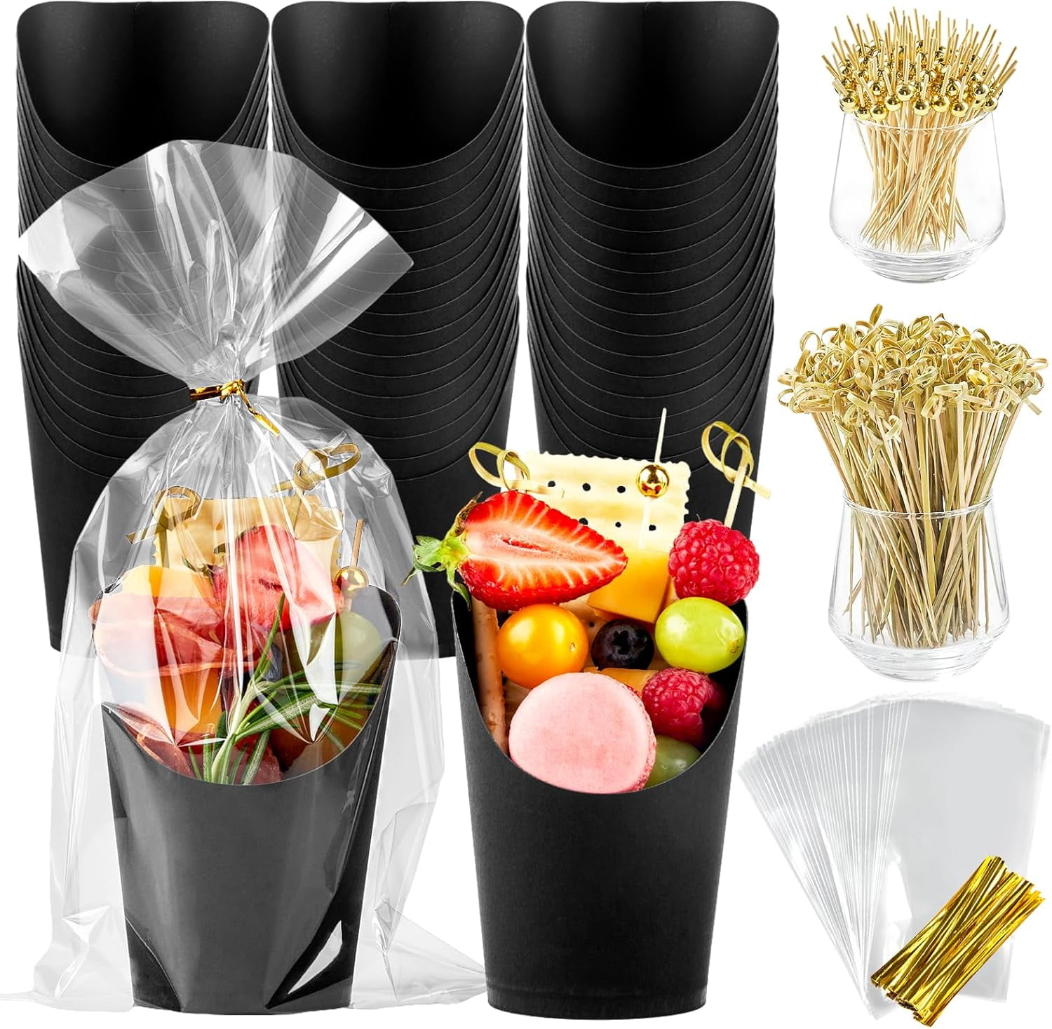 50 Sets 14 oz Charcuterie Cups with Sticks and Bags, Individual Black ...