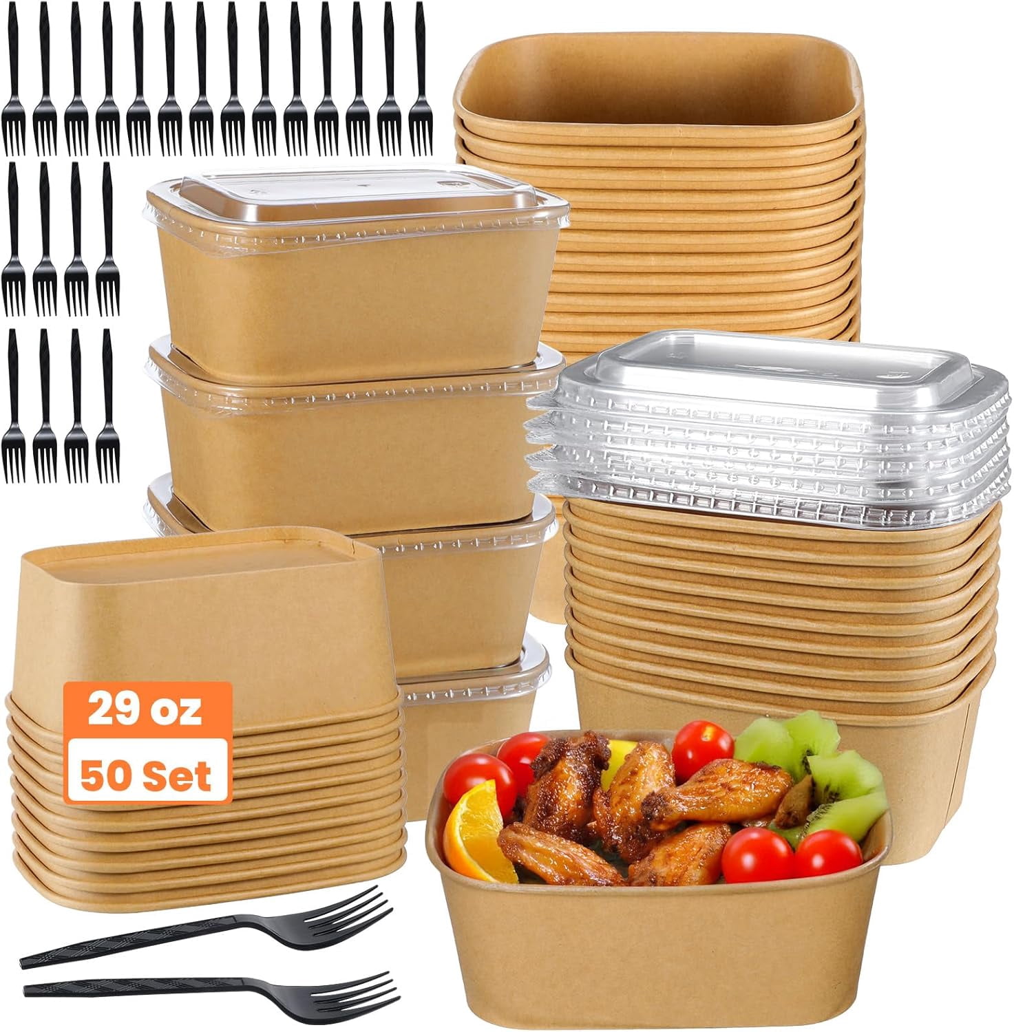 50 Sets 29oz Disposable Paper Bowls with Lids & Forks Rectangle Paper ...