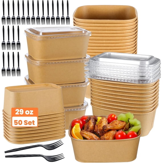50 Sets 29oz Disposable Paper Bowls with Lids & Forks Rectangle Paper ...
