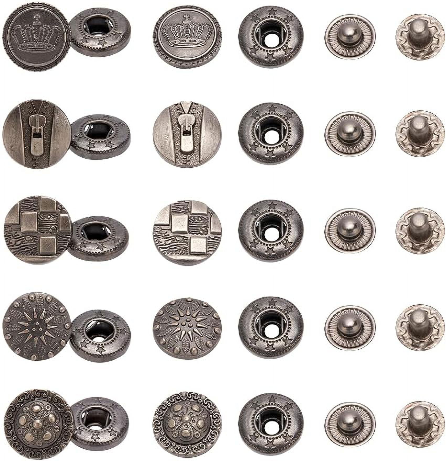 50 Sets 5 Styles Brass Snap Button No-Sew Removable Metal Jeans Closure ...