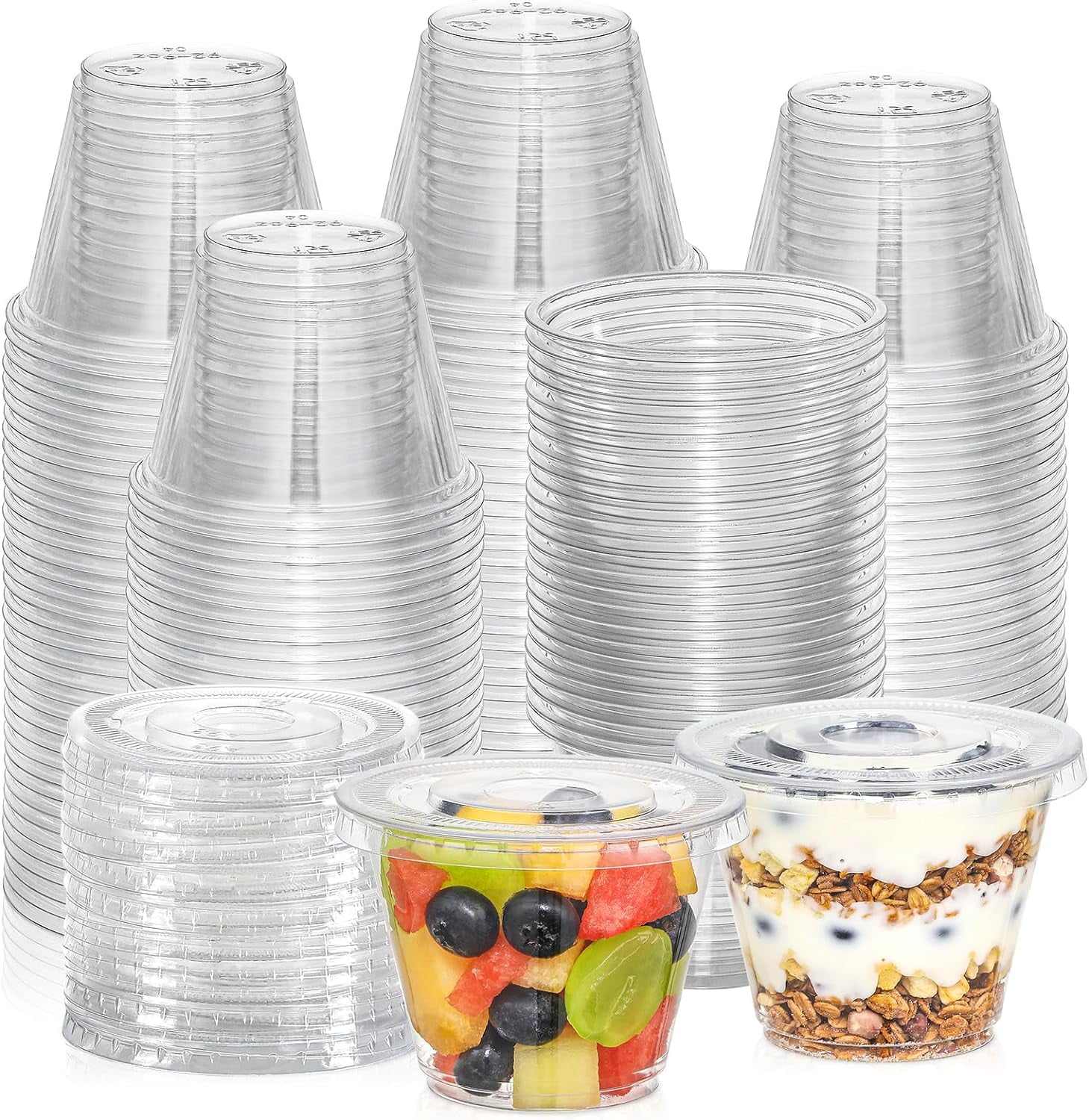 [50 Sets, 9 oz Clear Plastic Cups With Flat Lids No Hole, Disposable ...